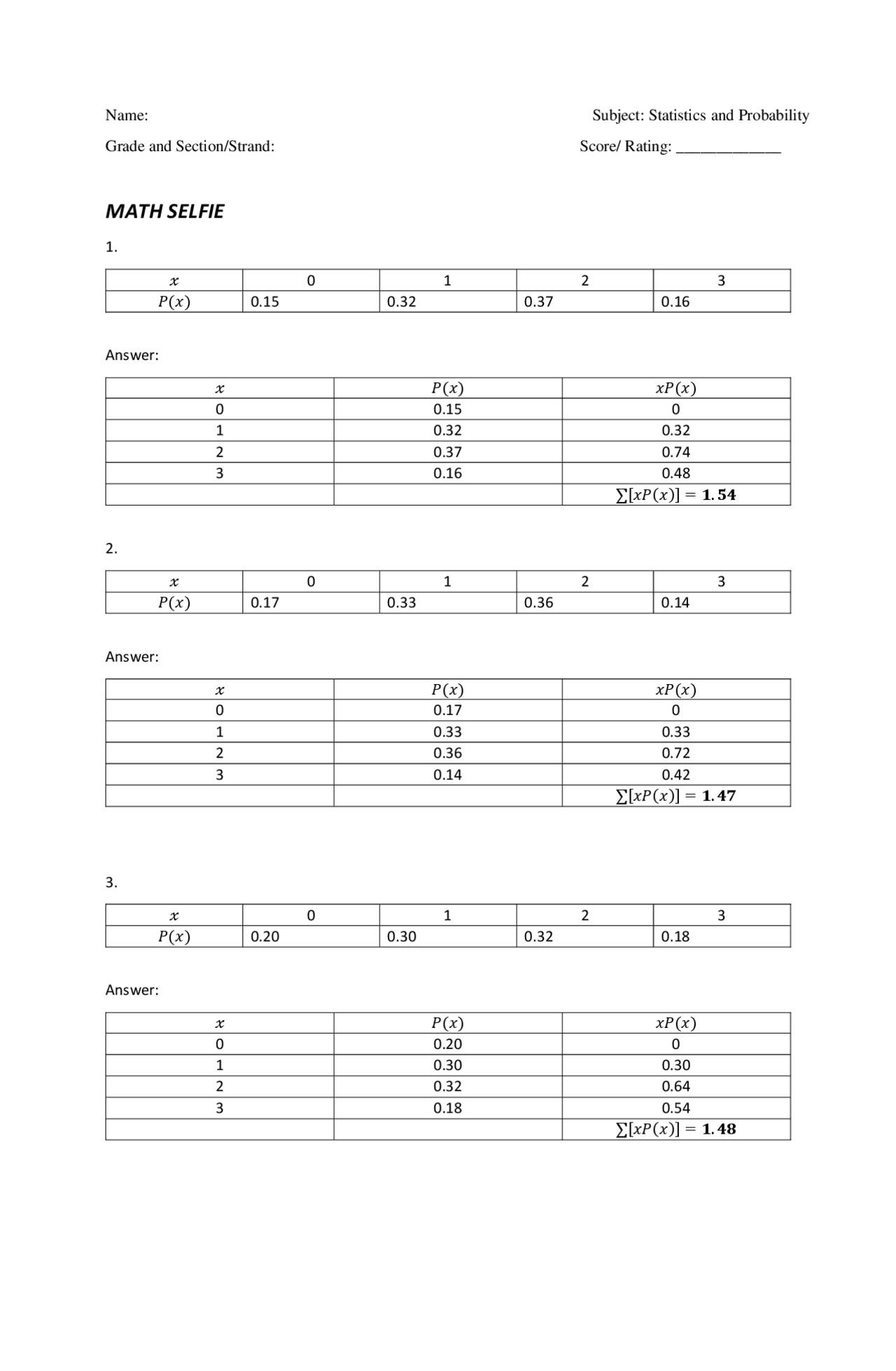 Statistics 1 Worksheet - Docsity