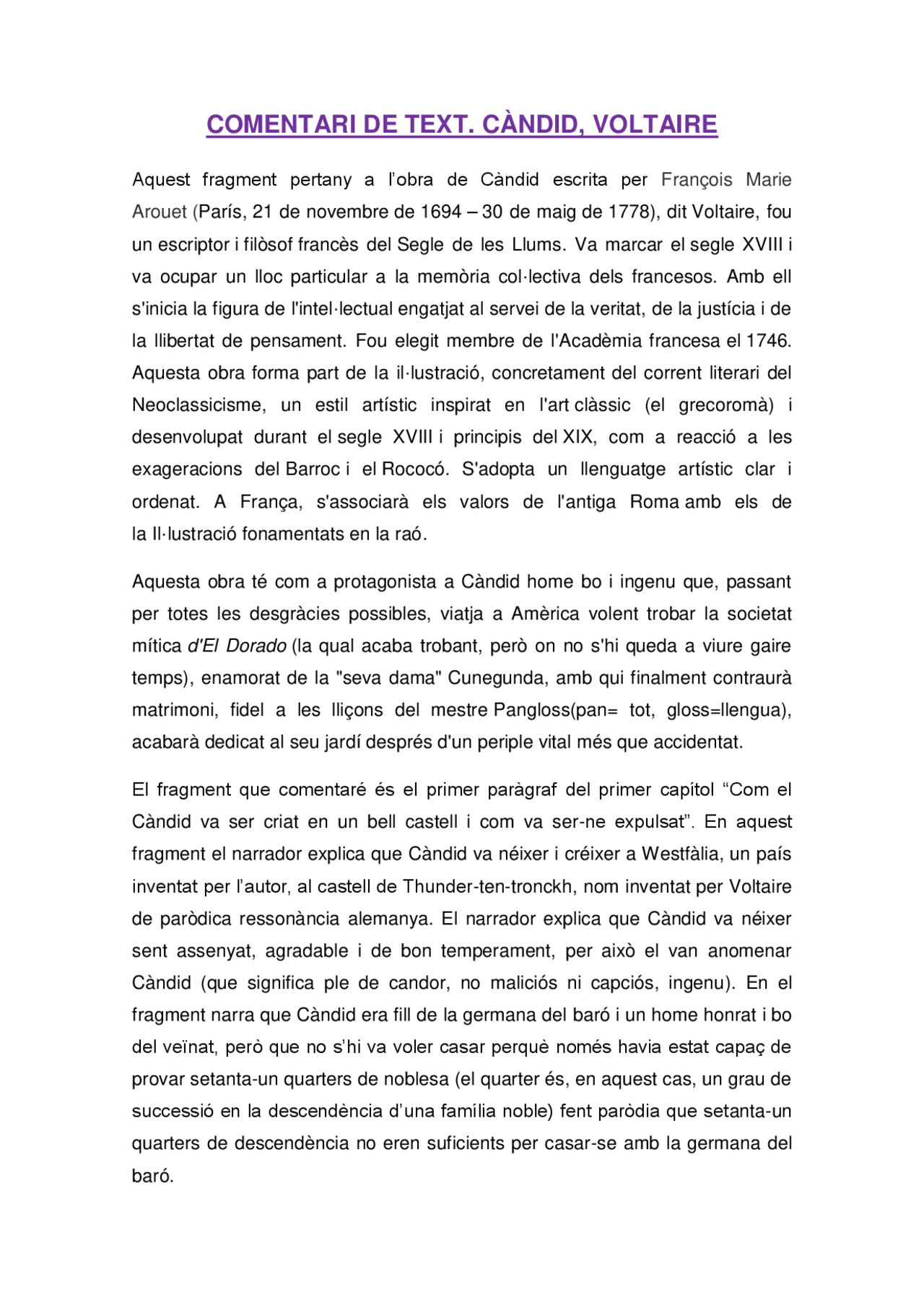 Comentari de text. Càndid de Voltaire | Ejercicios de Literatura Universal | Docsity