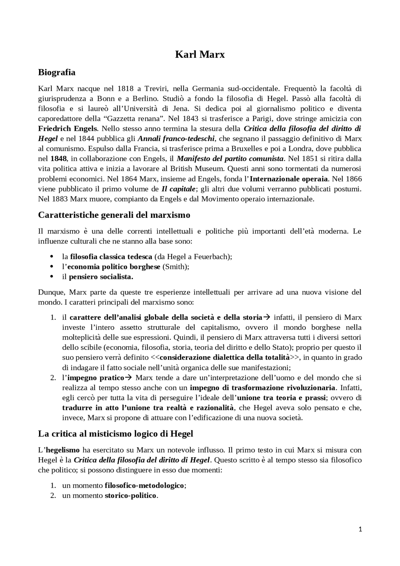 Riassunti Di Filosofia Karl Marx Docsity