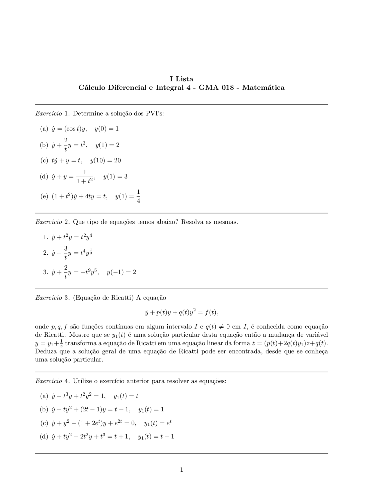 Lista de exercícios de EDO de Primeira Ordem para estudo - Docsity