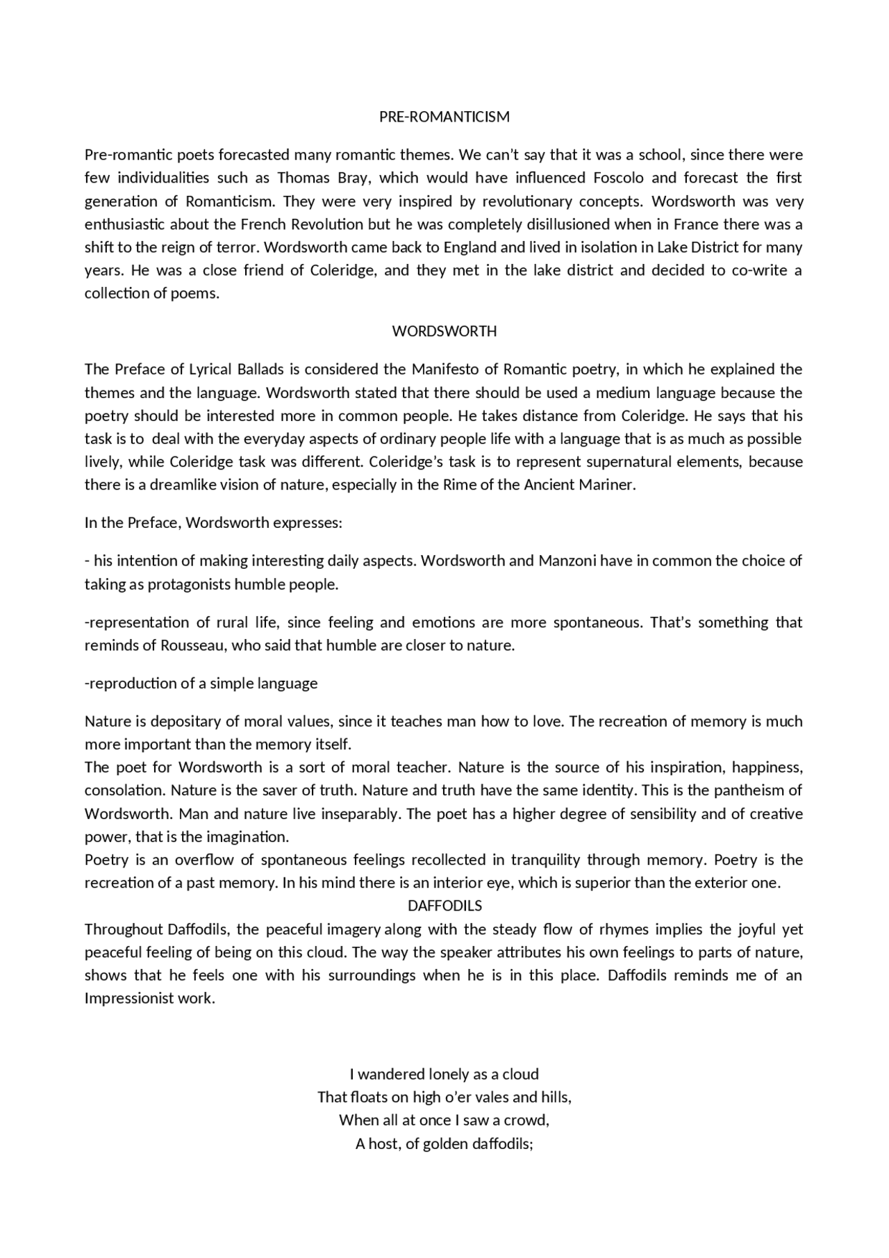 Wordsworthdaffodils Analysis Docsity