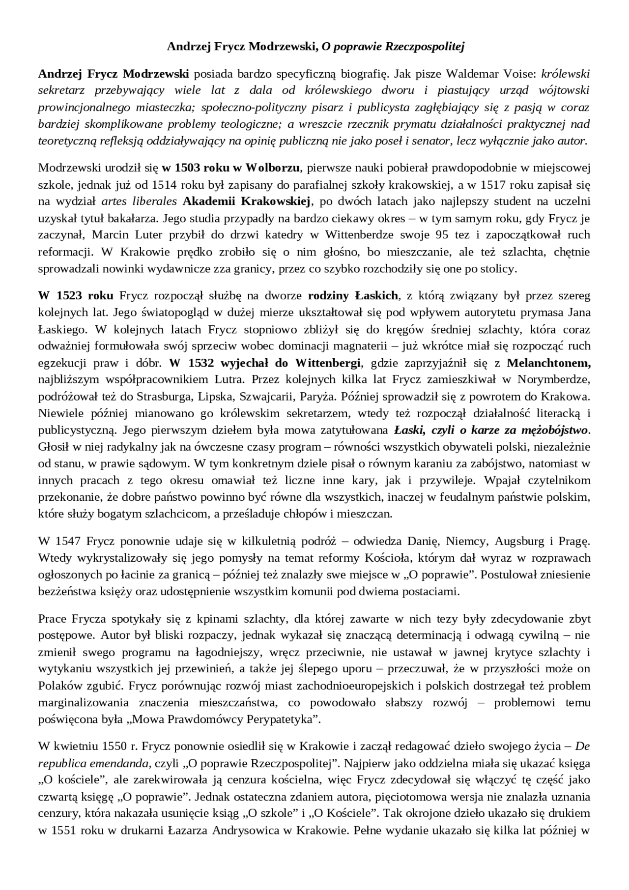 Andrzej Frycz Modrzewski, O poprawie Rzeczpospolitej - Docsity