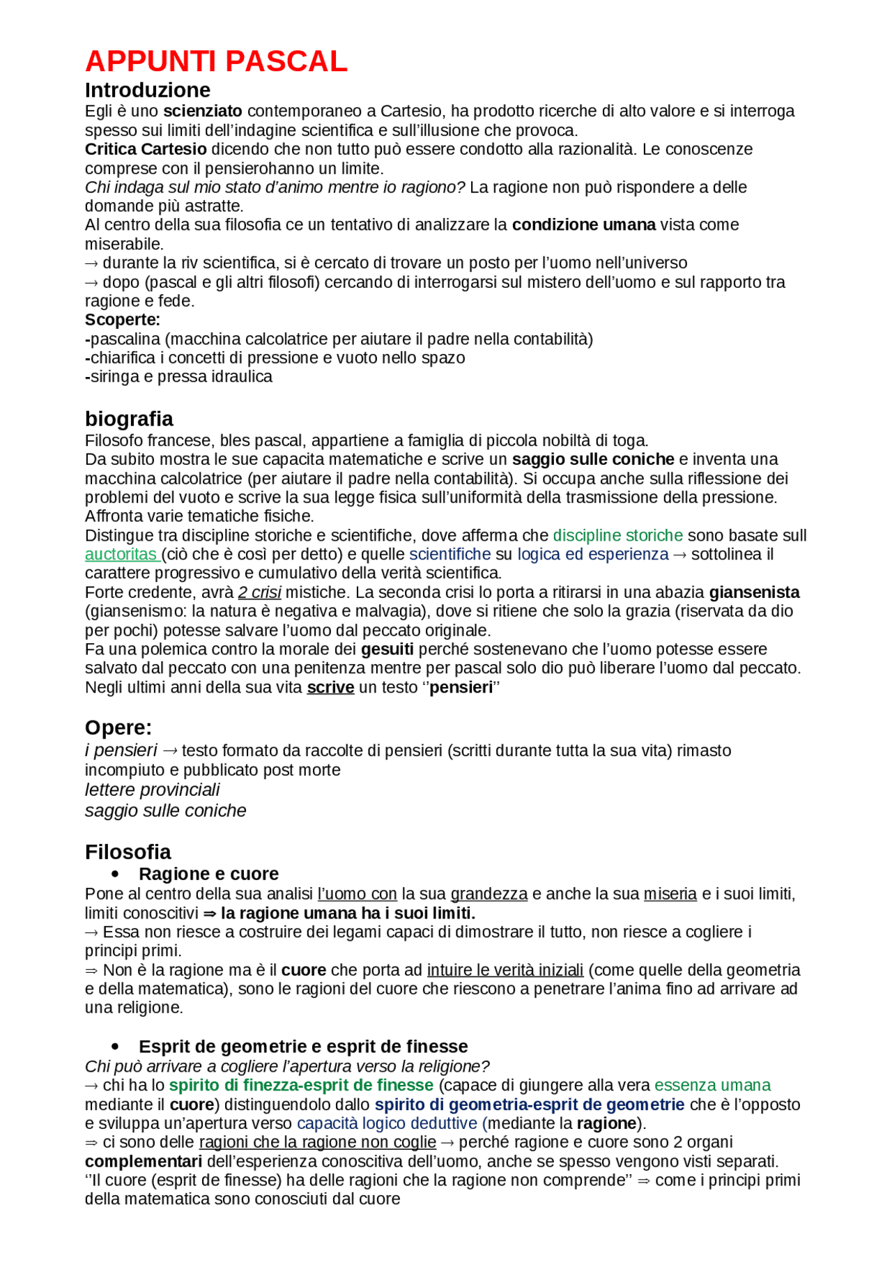 Pascal Appunti E Riassunto Generale Sintesi Del Corso Di Filosofia