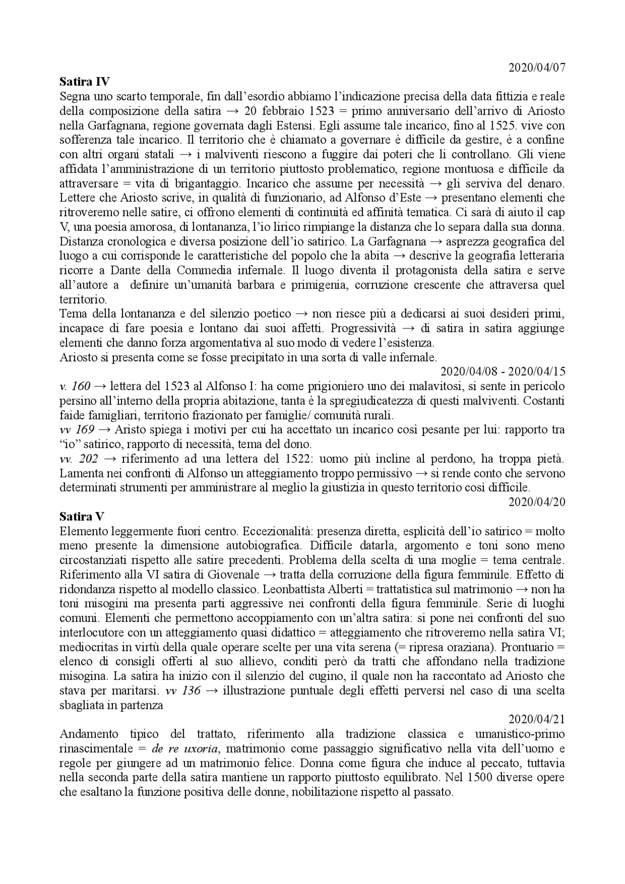 Ariosto Satire Iv Vii Docsity