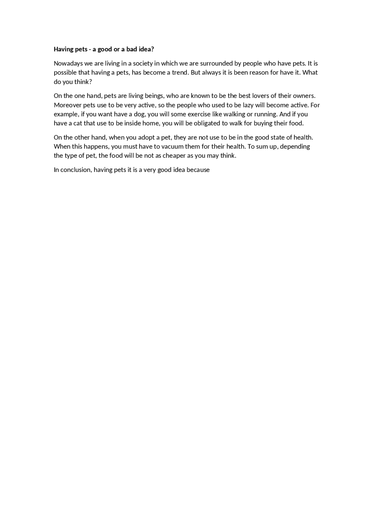 Writing about having pets - Docsity