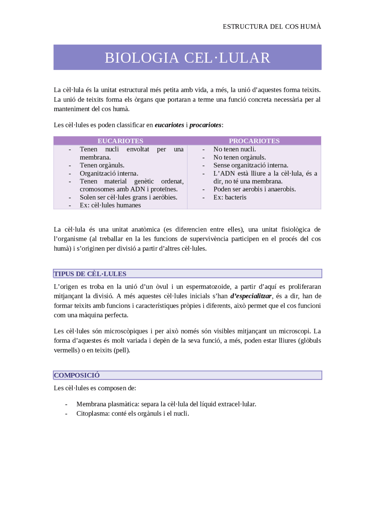 Biologia Cel·lular Infermeria Docsity