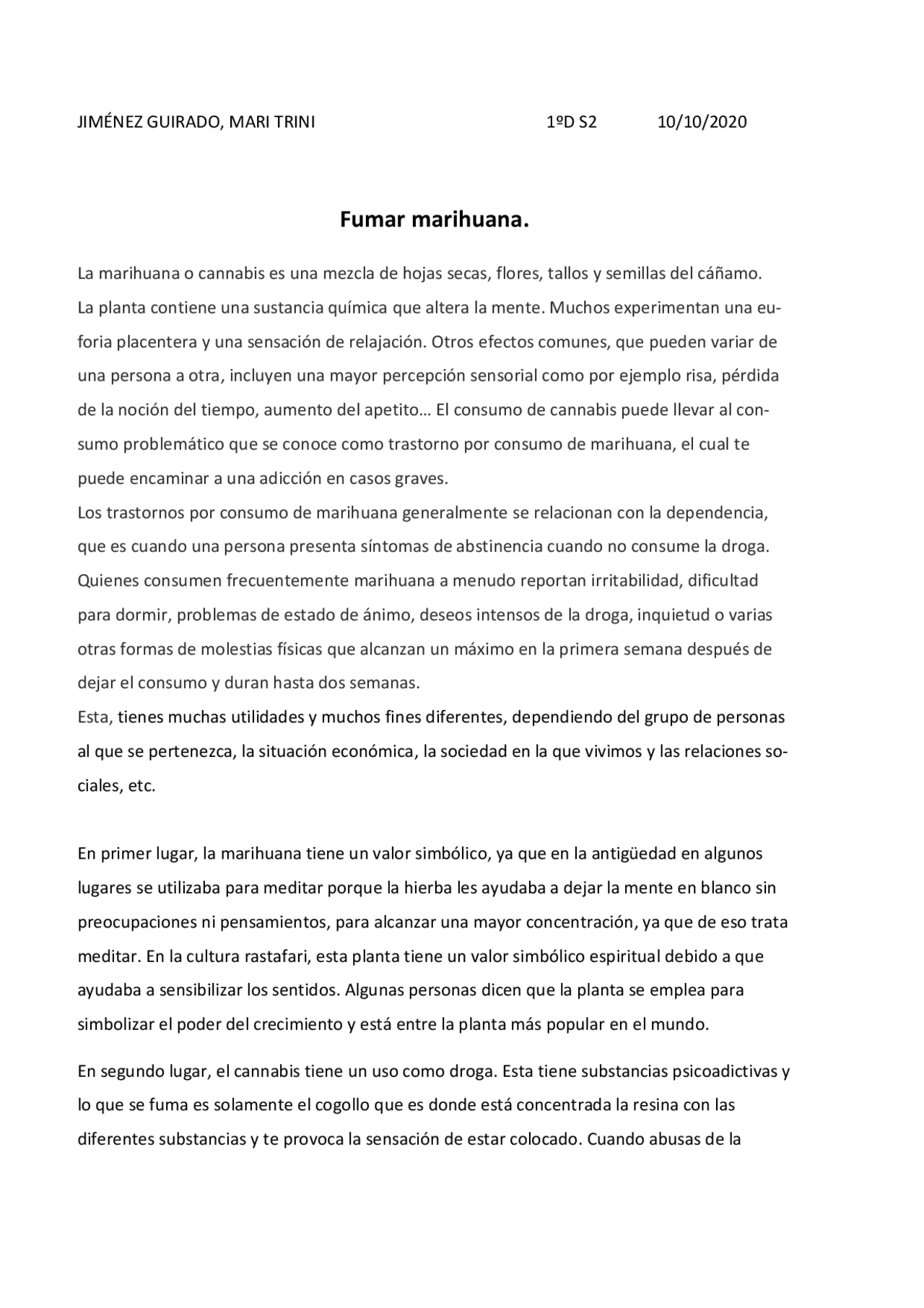Ensayo Sobre La Marihuana Para Sociología Docsity