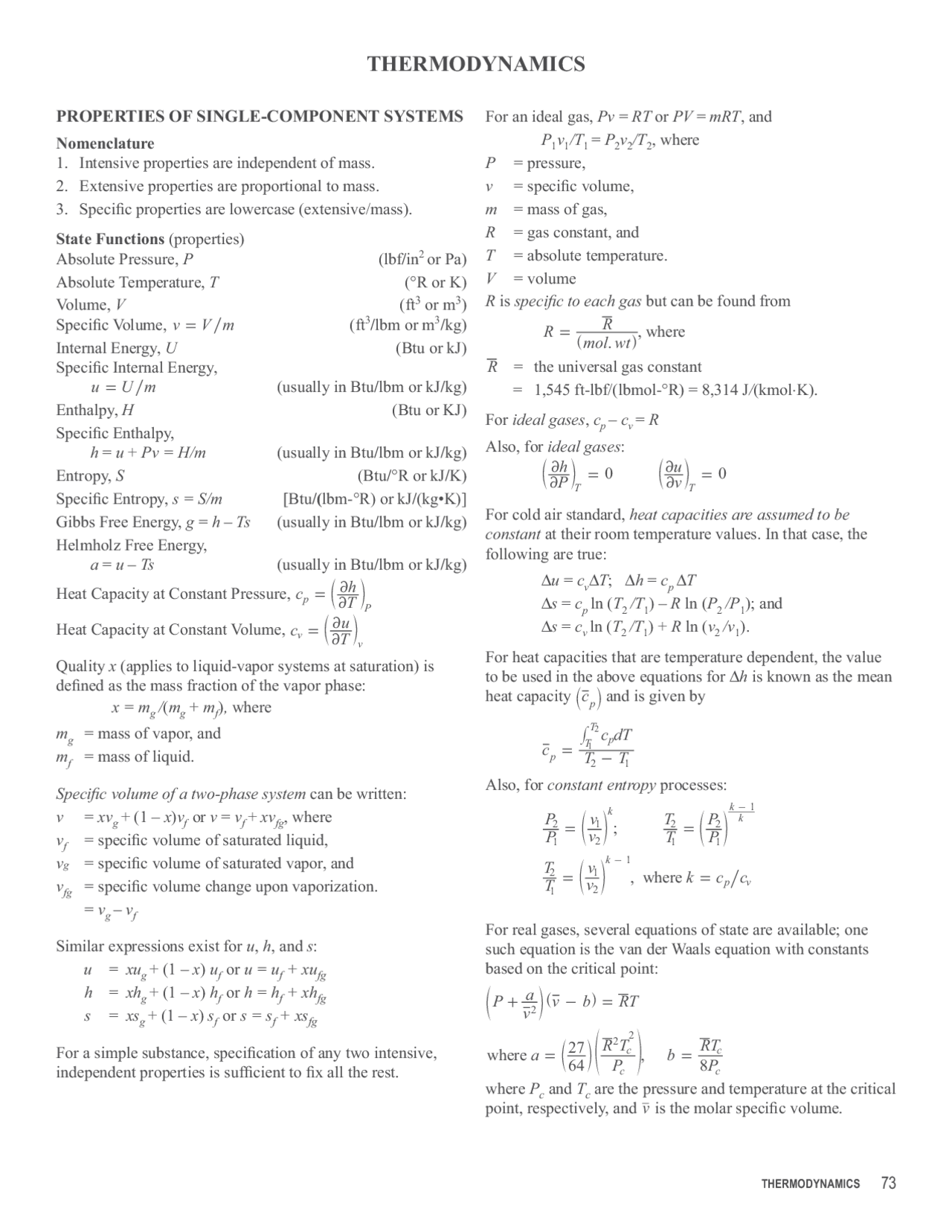 Thermodynamics Equation Sheet