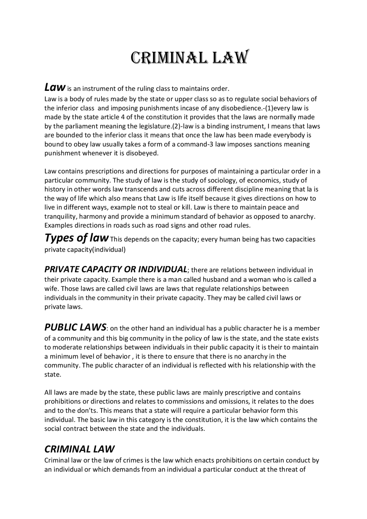 Criminal Law Lecture Notes For Level 4 Docsity