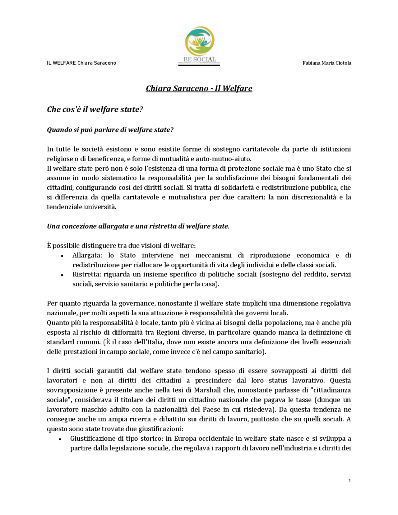 Il Welfare Chiara Saraceno Docsity