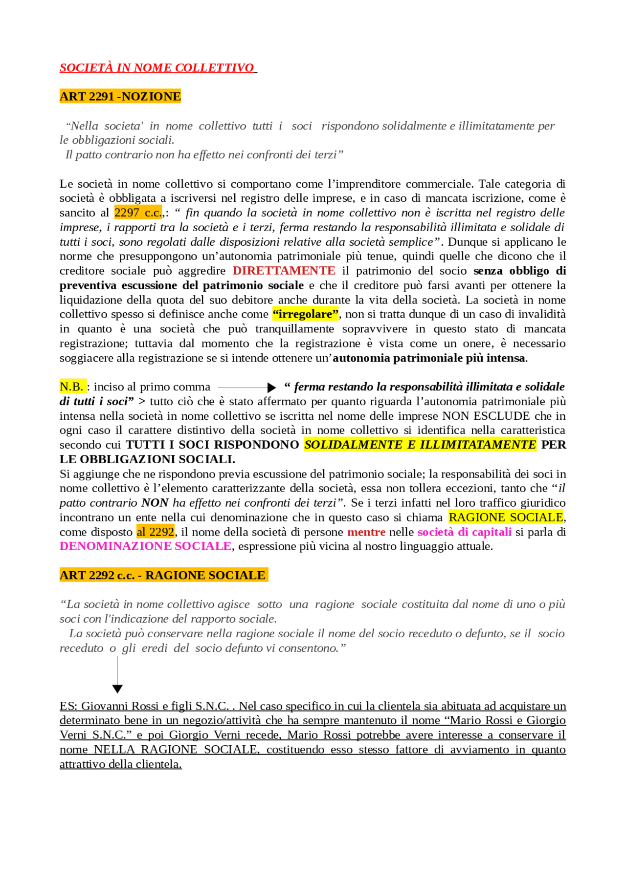 Società Di Persone Società In Nome Collettivo Docsity