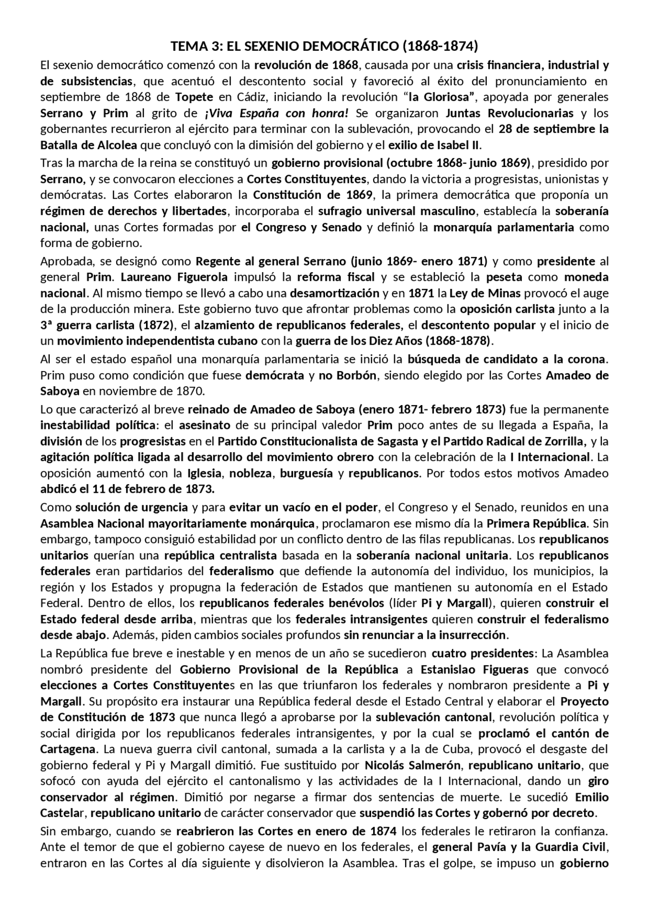 Tema 3: el sexenio democrático - Docsity