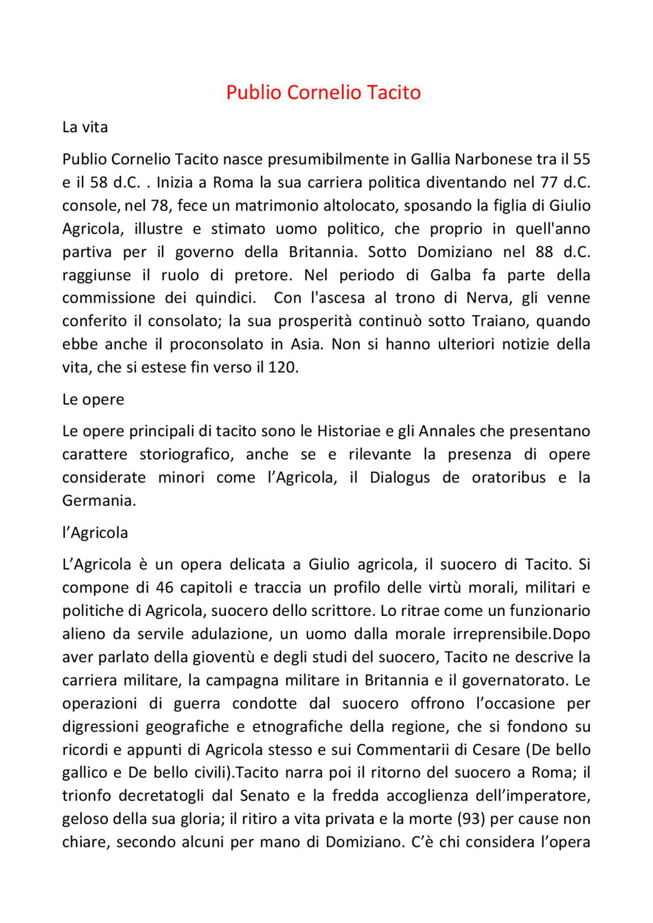 Riassunto Vita E Opere Di Publio Cornelio Tacito Docsity