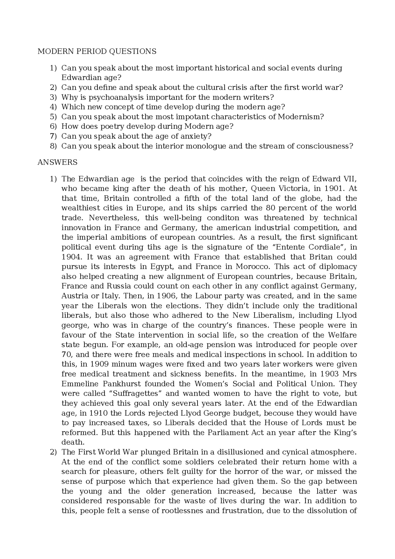 Modern period questions - Docsity