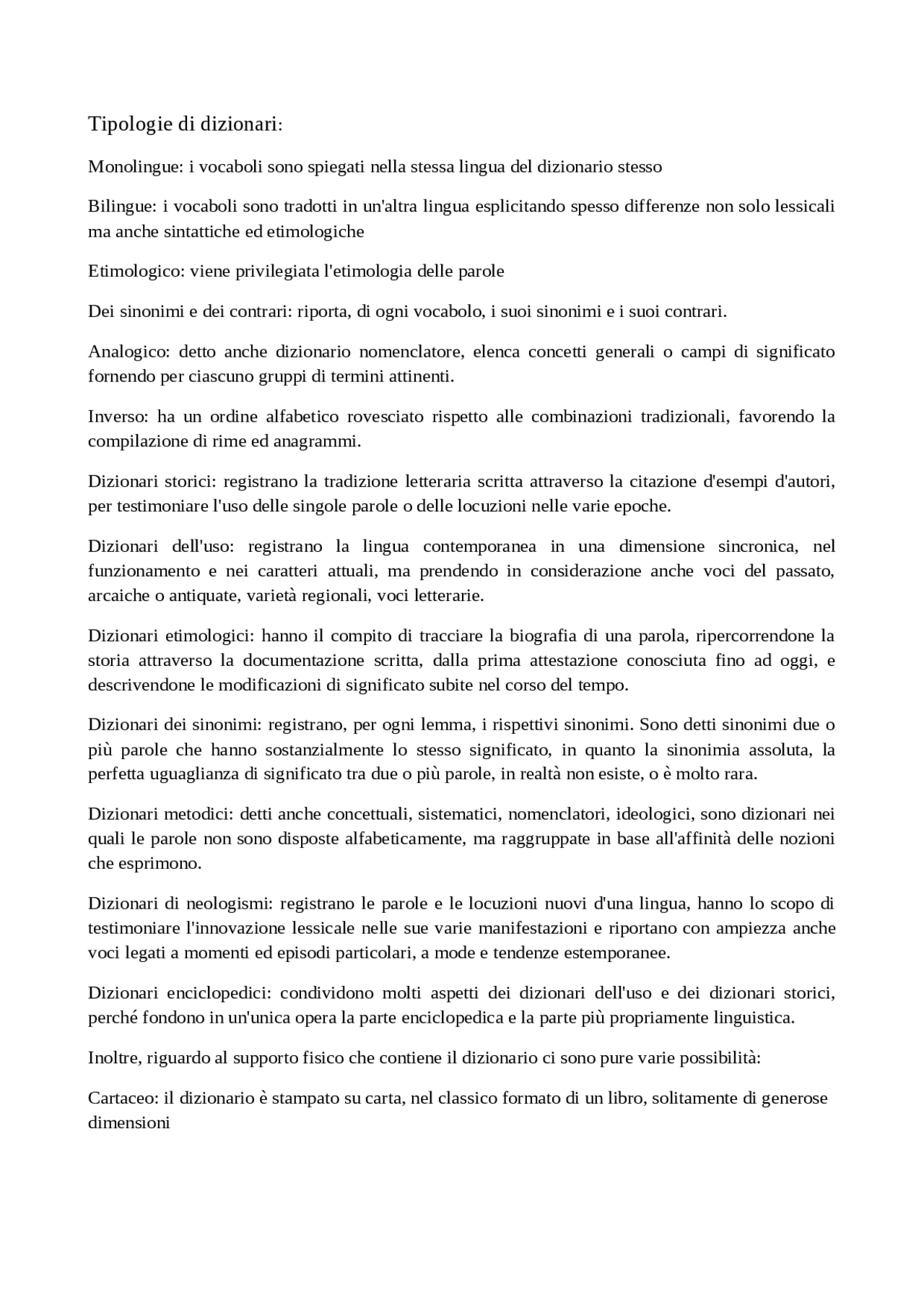 Risposta Domanda Corso Tipologie Di Dizionari Docsity