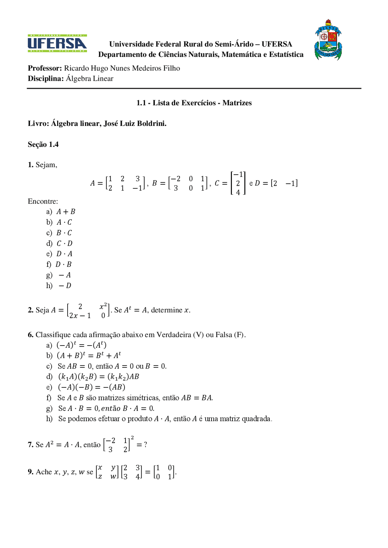 Exercícios de Algebra - Docsity