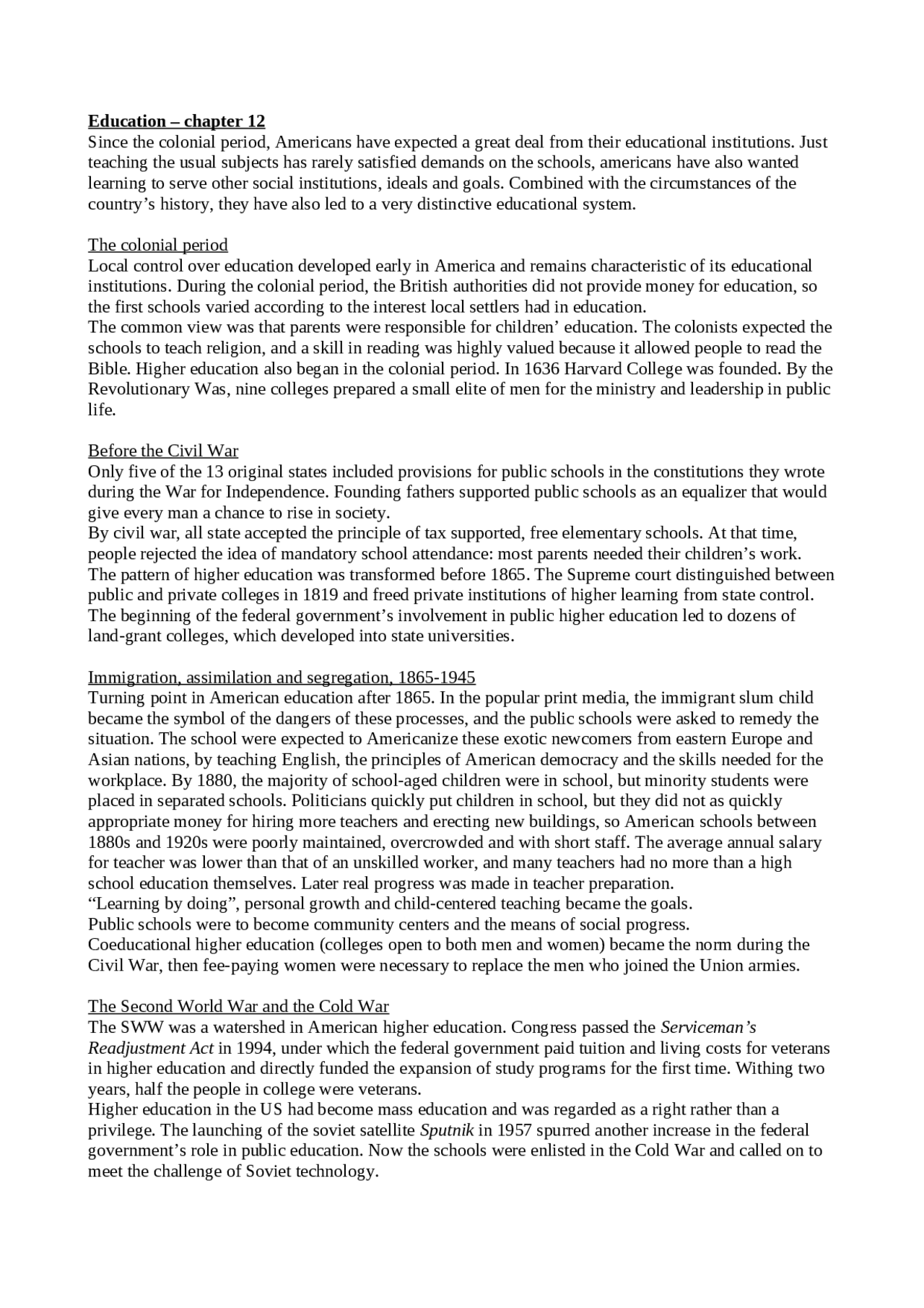 American Civilization - chapter 12 Education - Docsity