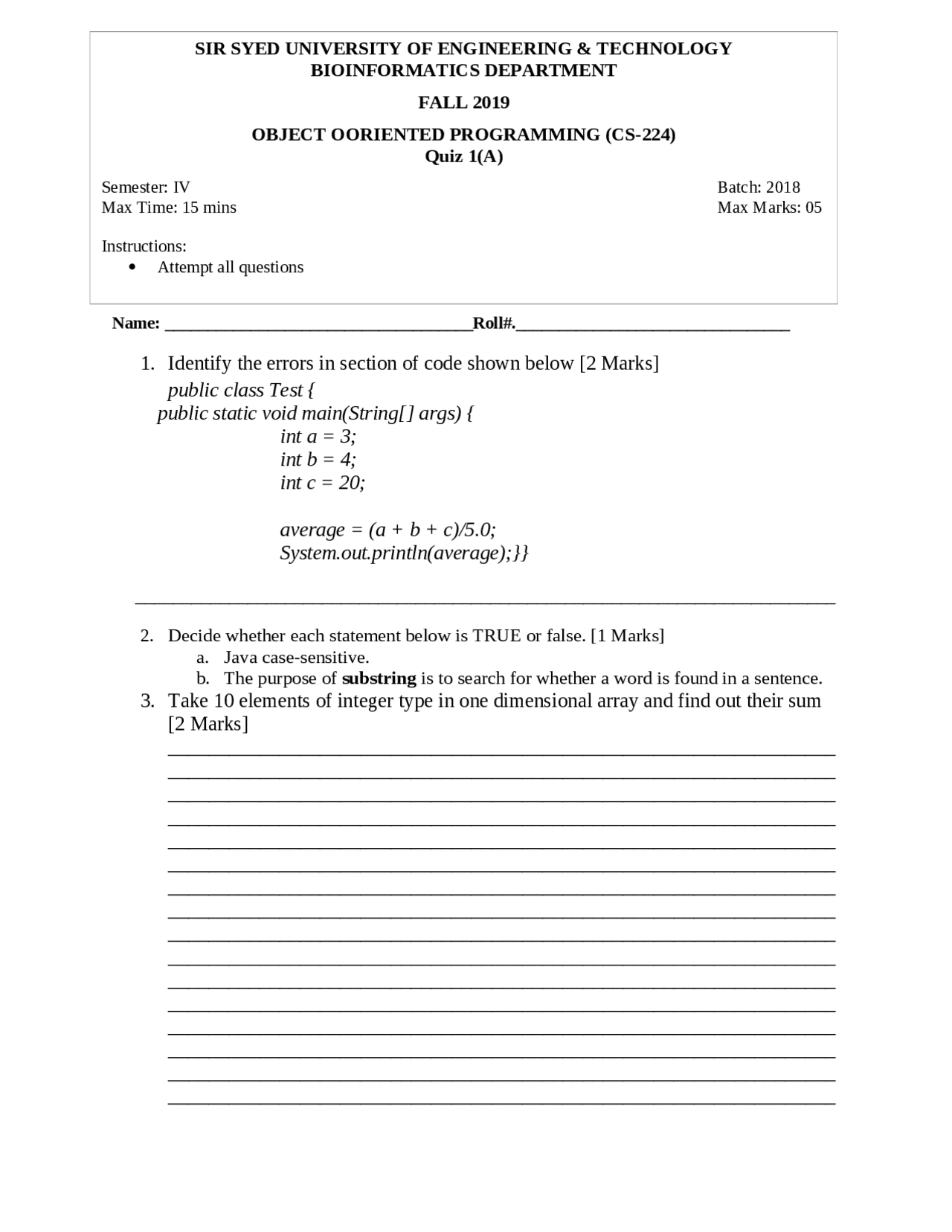 Object Oriented Programming Quiz 1 Exercises Object Oriented