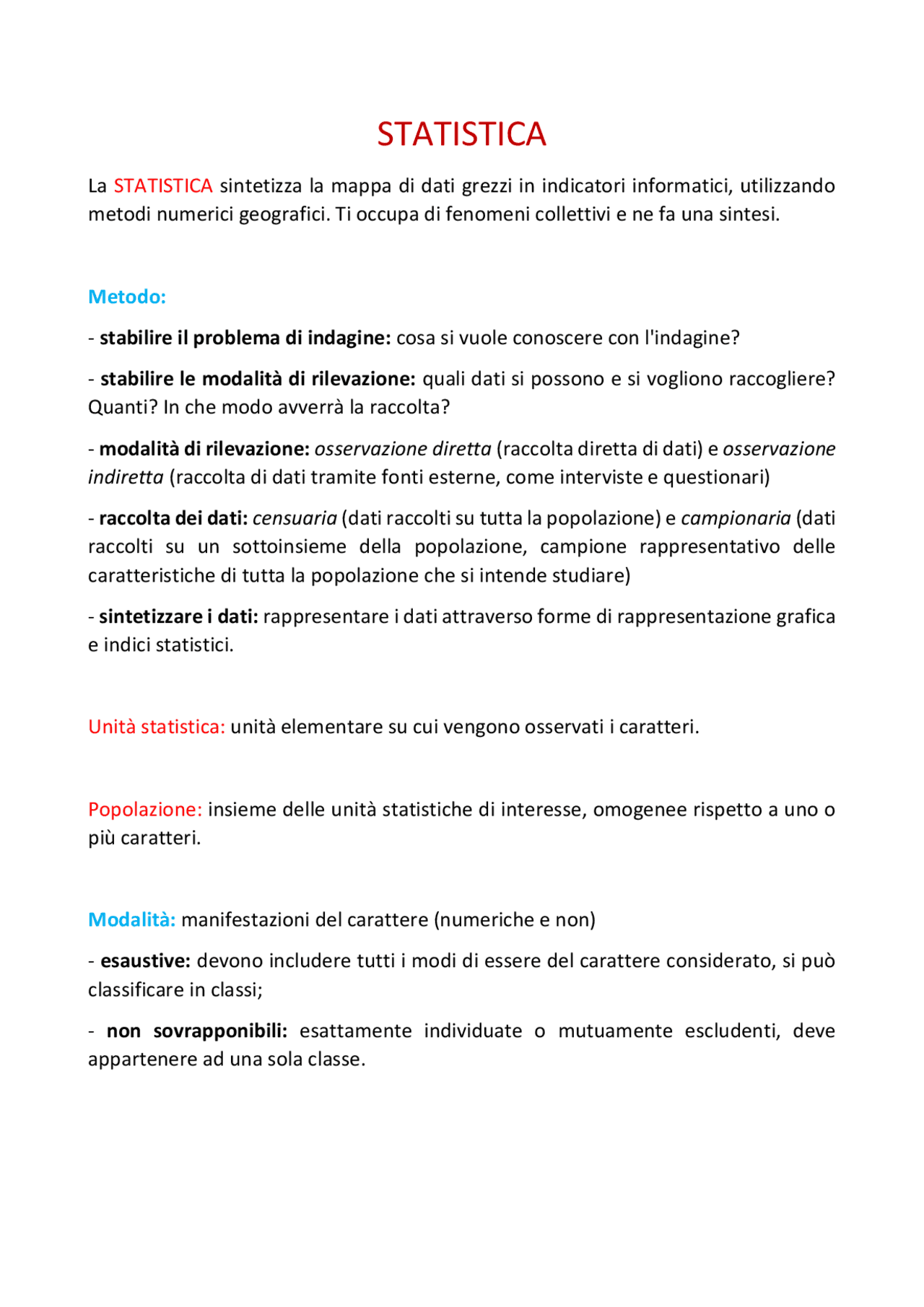 Riassunto dispense di statistica - Docsity