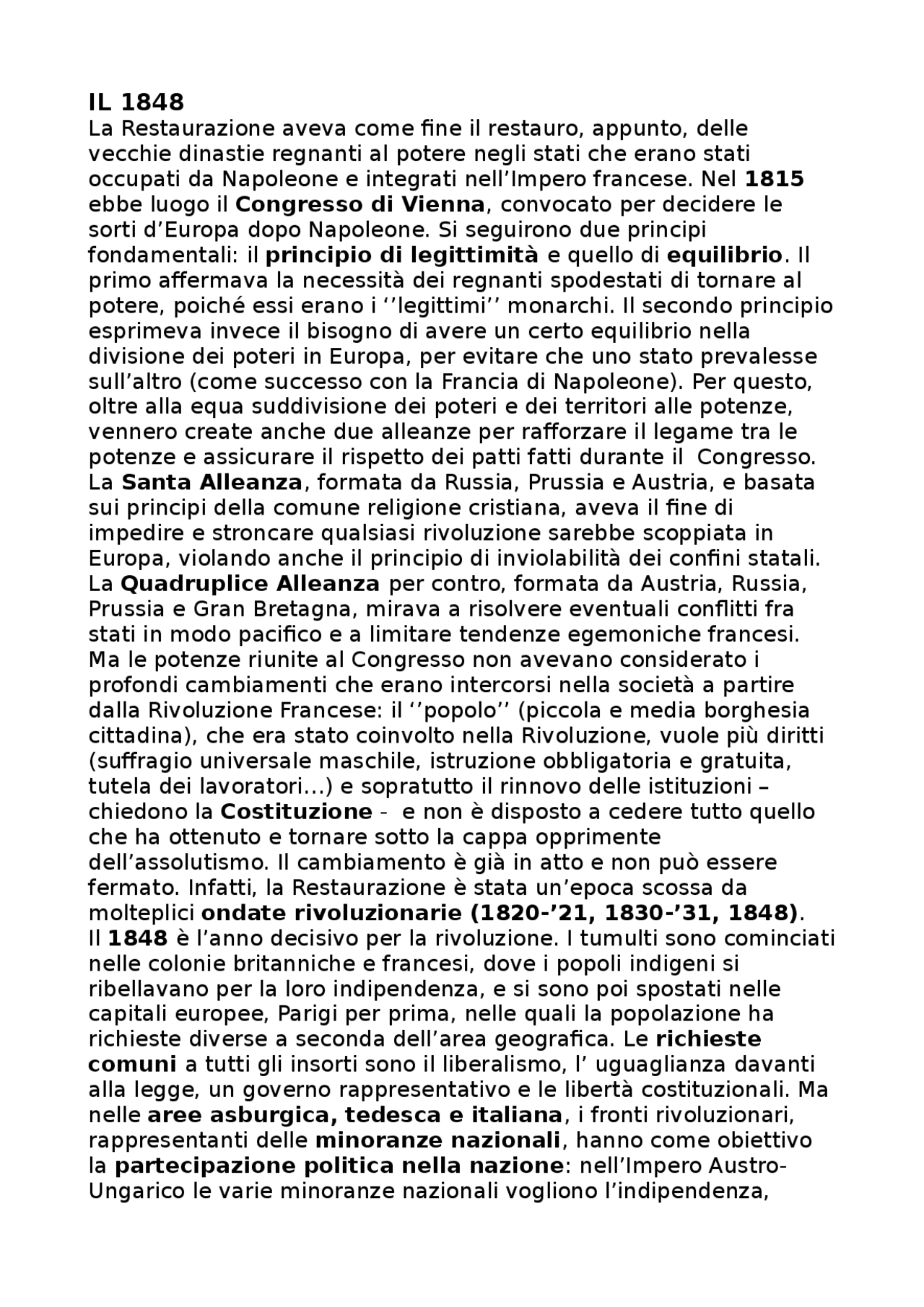 Riassunto 1848 Risorgimento Italiano Docsity
