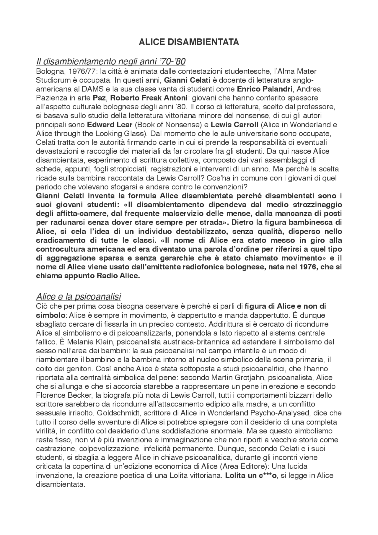 Alice disambientata - saggio critico - Docsity