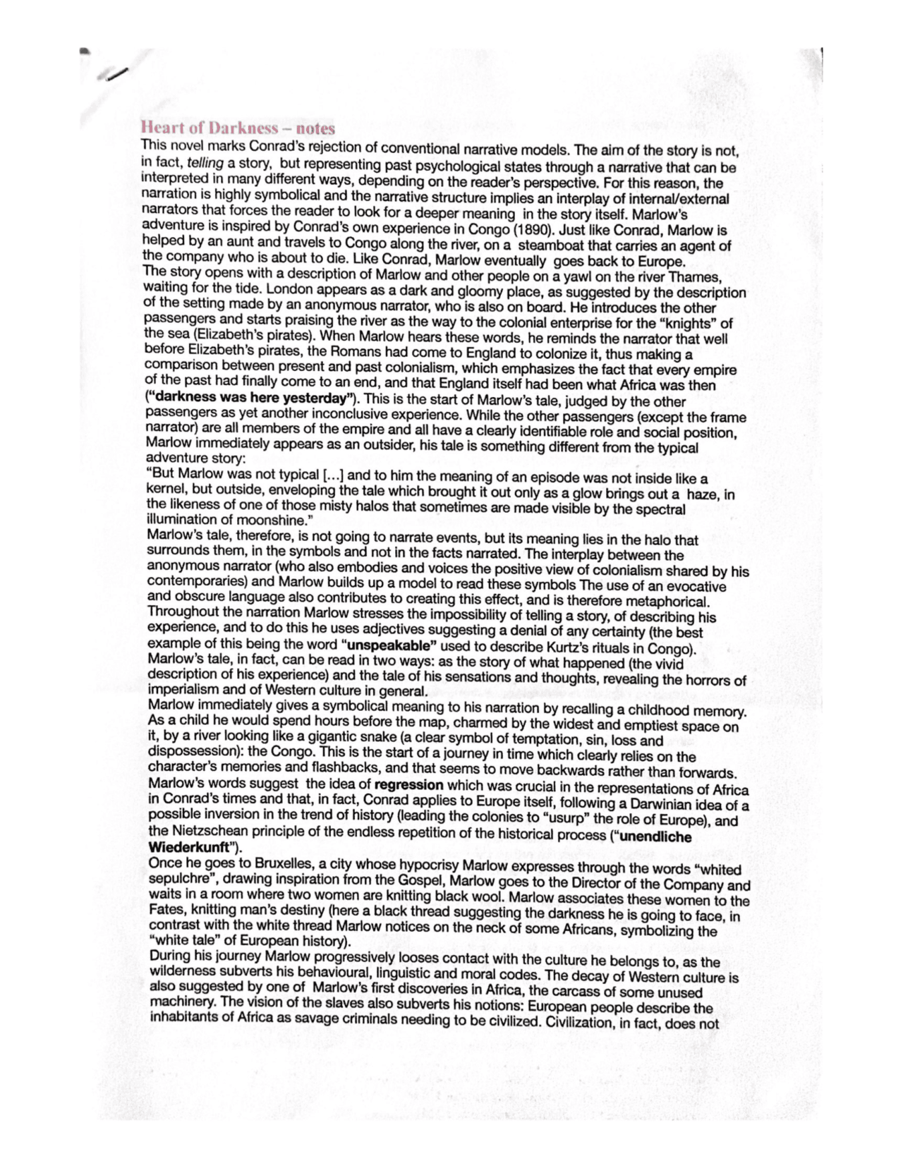 Conrad, "Heart of Darkness" & Modernism notes - Docsity
