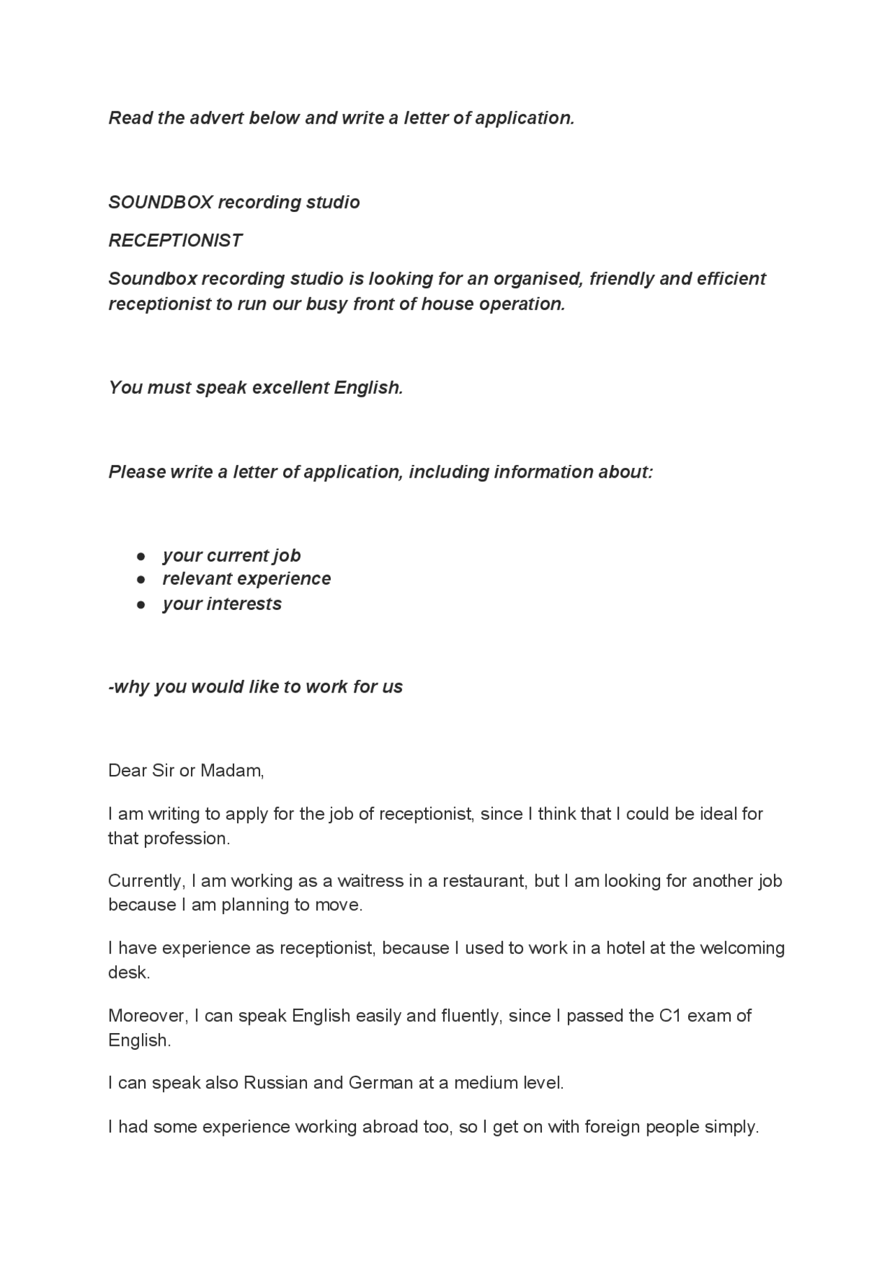 Letter of application | Dispense di Inglese | Docsity