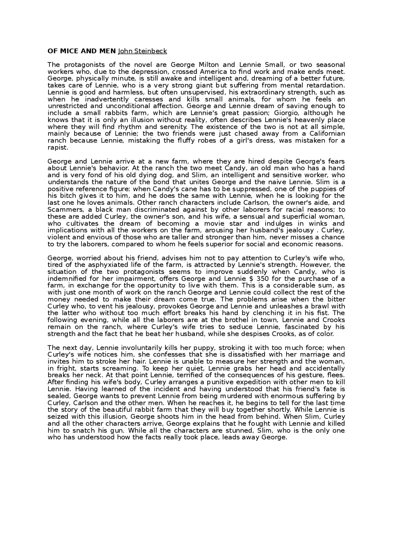 Summary "Of mice and men" - Docsity