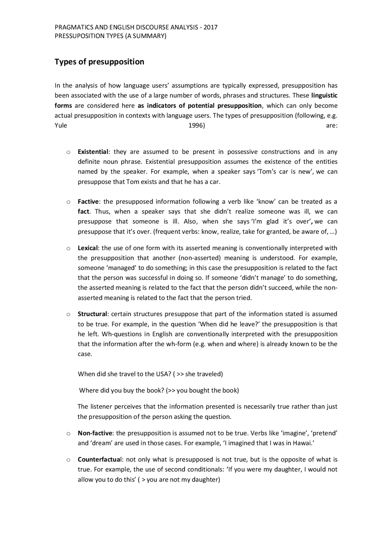 Presupposition Types (English) - Docsity