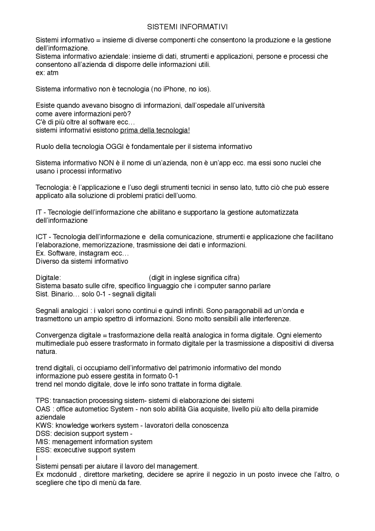 Sistemi Informativi E Trend Digitali Appunti Di Sistemi Informativi