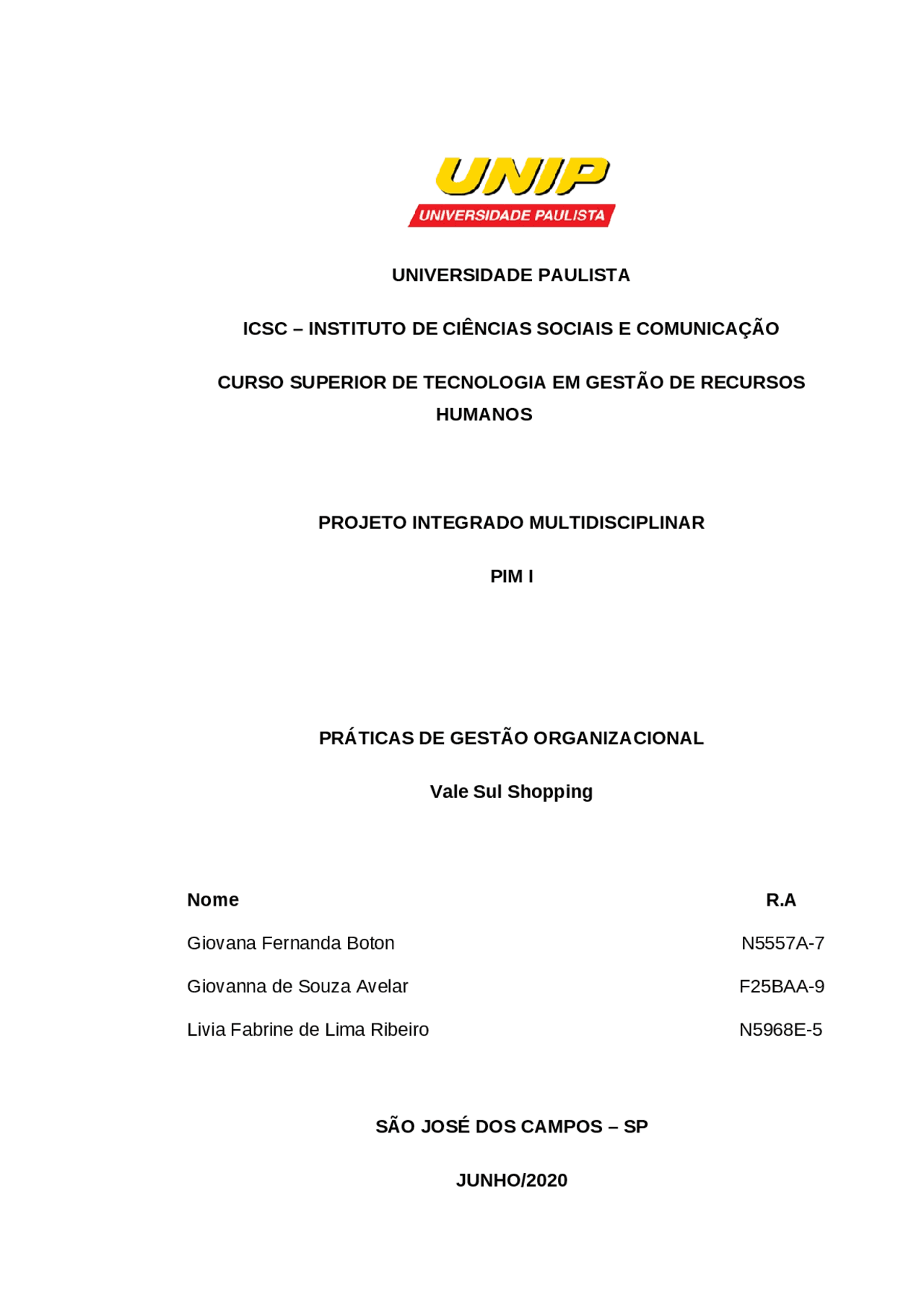 Pim 1º Semestre Gestão De Recursos Humanos Unip Docsity