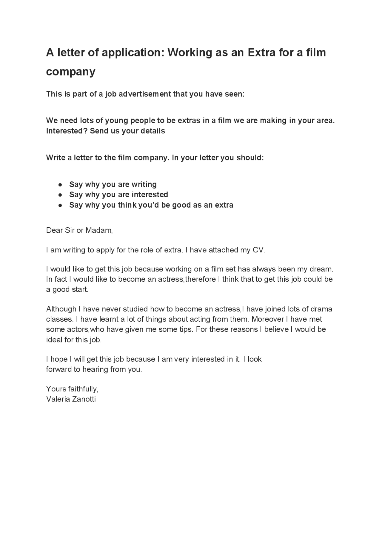 A letter of application: Working as an Extra for a film company - Docsity