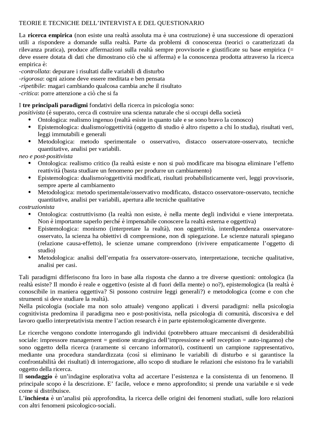 Riassunti Di Teorie E Tecniche Dellintervista E Del Questionario Docsity