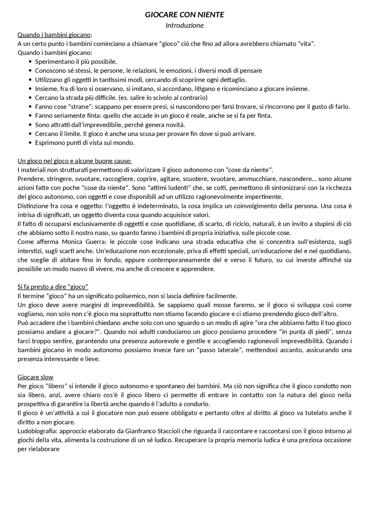 Riassunto Del Libro Giocare Con Niente Docsity