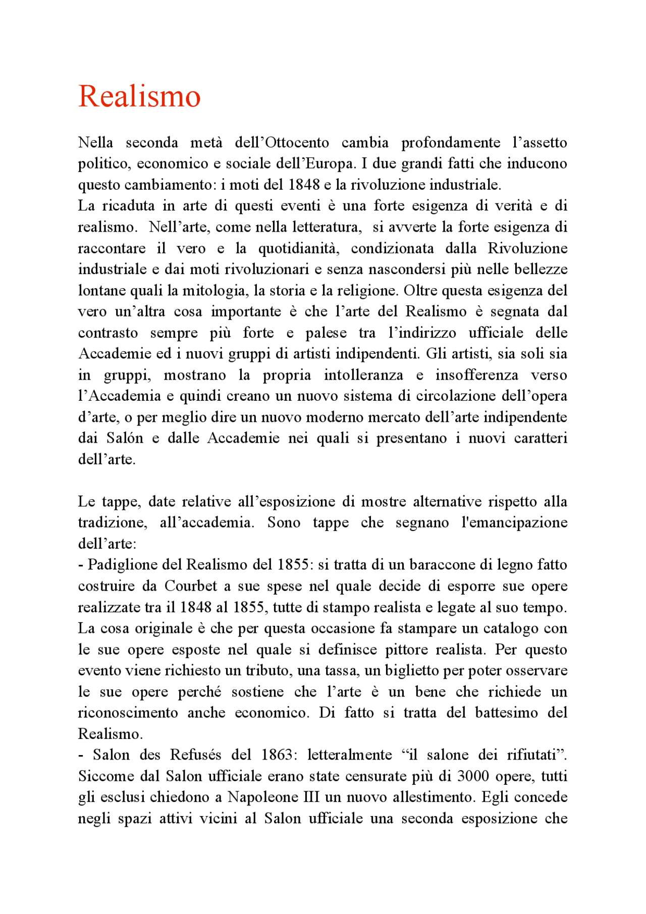 IL REALISMO: CARATTERISTICHE E OPERE - Docsity