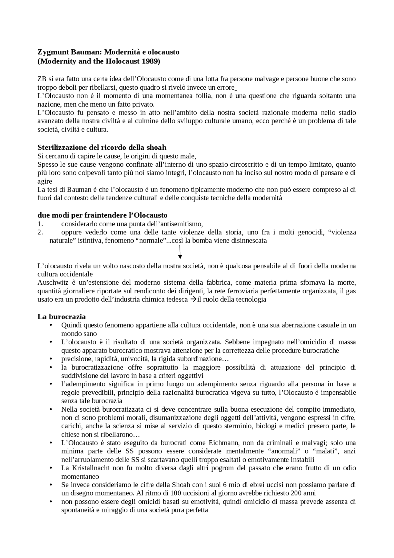 Zigmunt Baumann Modernità Ed Olocausto Docsity