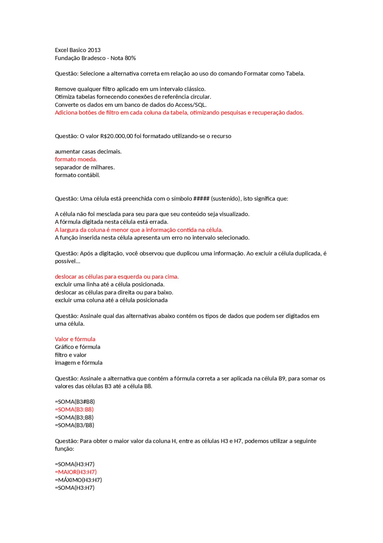 Excel Basico 2013docx Provas Microsoft Excel Docsity