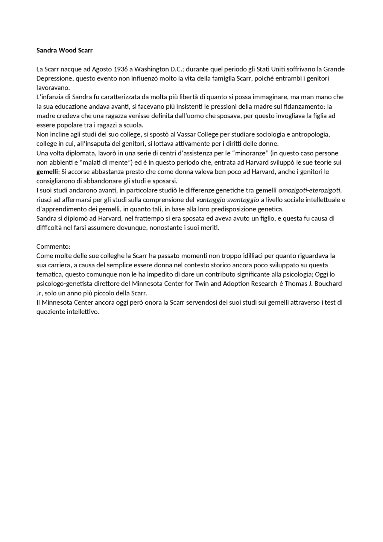 Sandra Wood Scarr - le donne trascurate della psicologia - Docsity