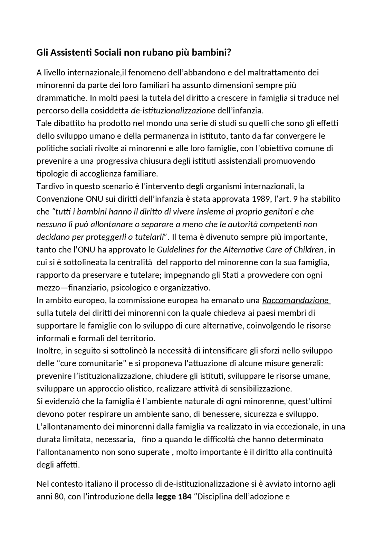 Riassunto Gli Assistenti Sociali Non Rubano Più Bambini Docsity