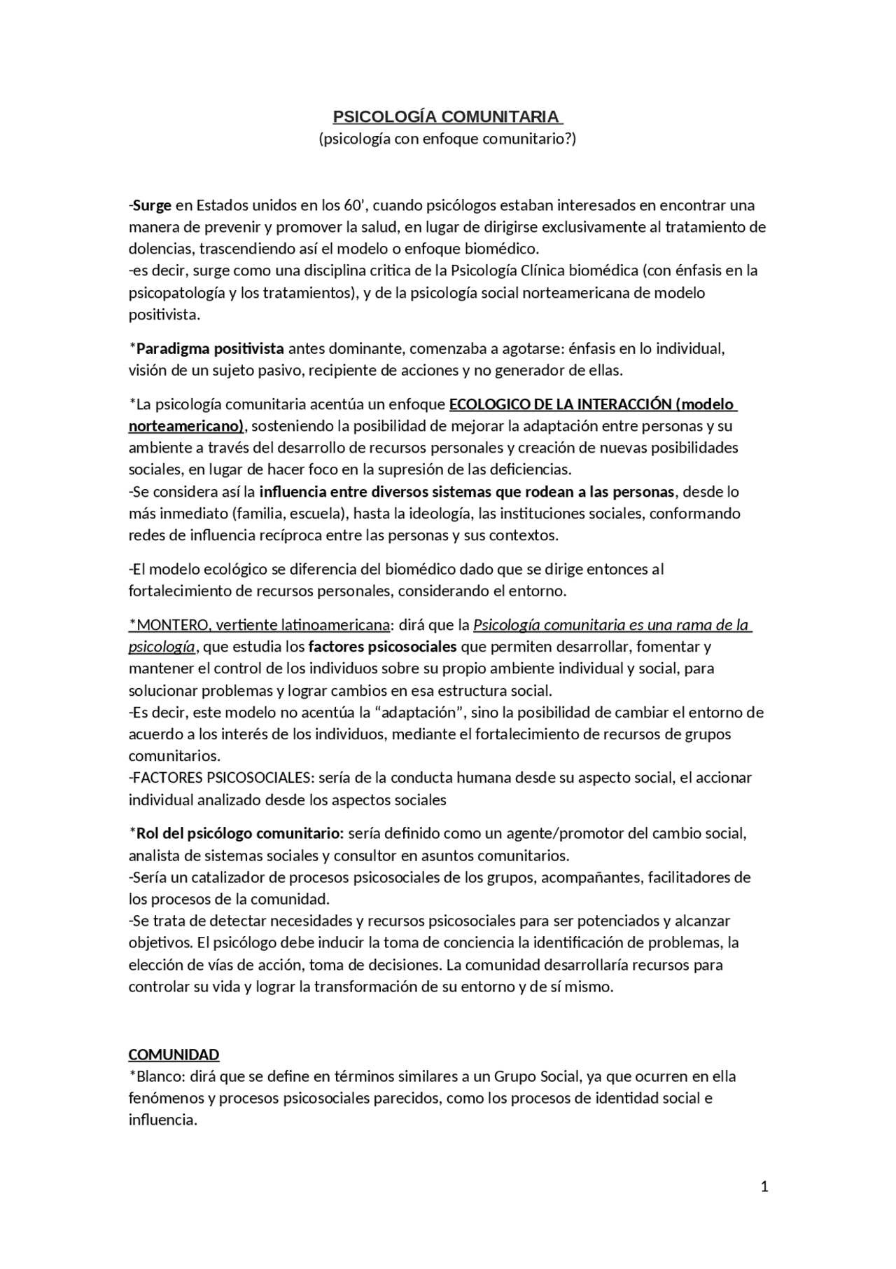 Resumen de Conceptos básicos en psicología comunitaria - Docsity