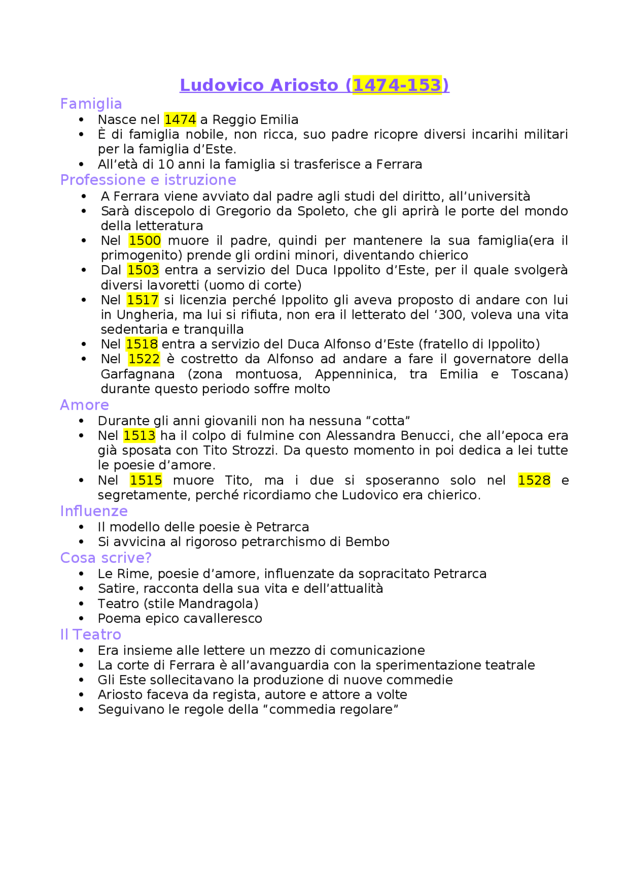 La Vita Di Ludovico Ariosto Docsity