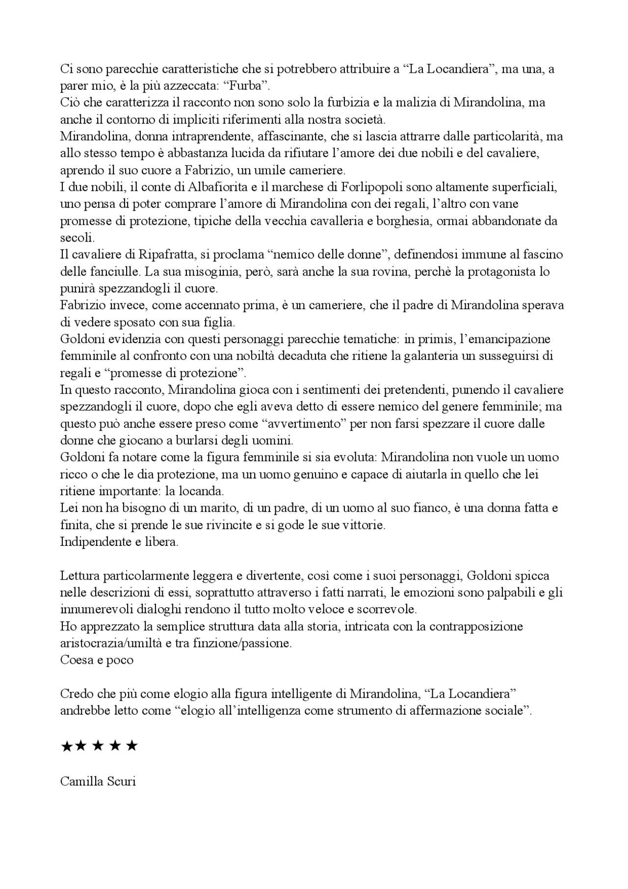 Recensione Del Libro La Locandiera Docsity