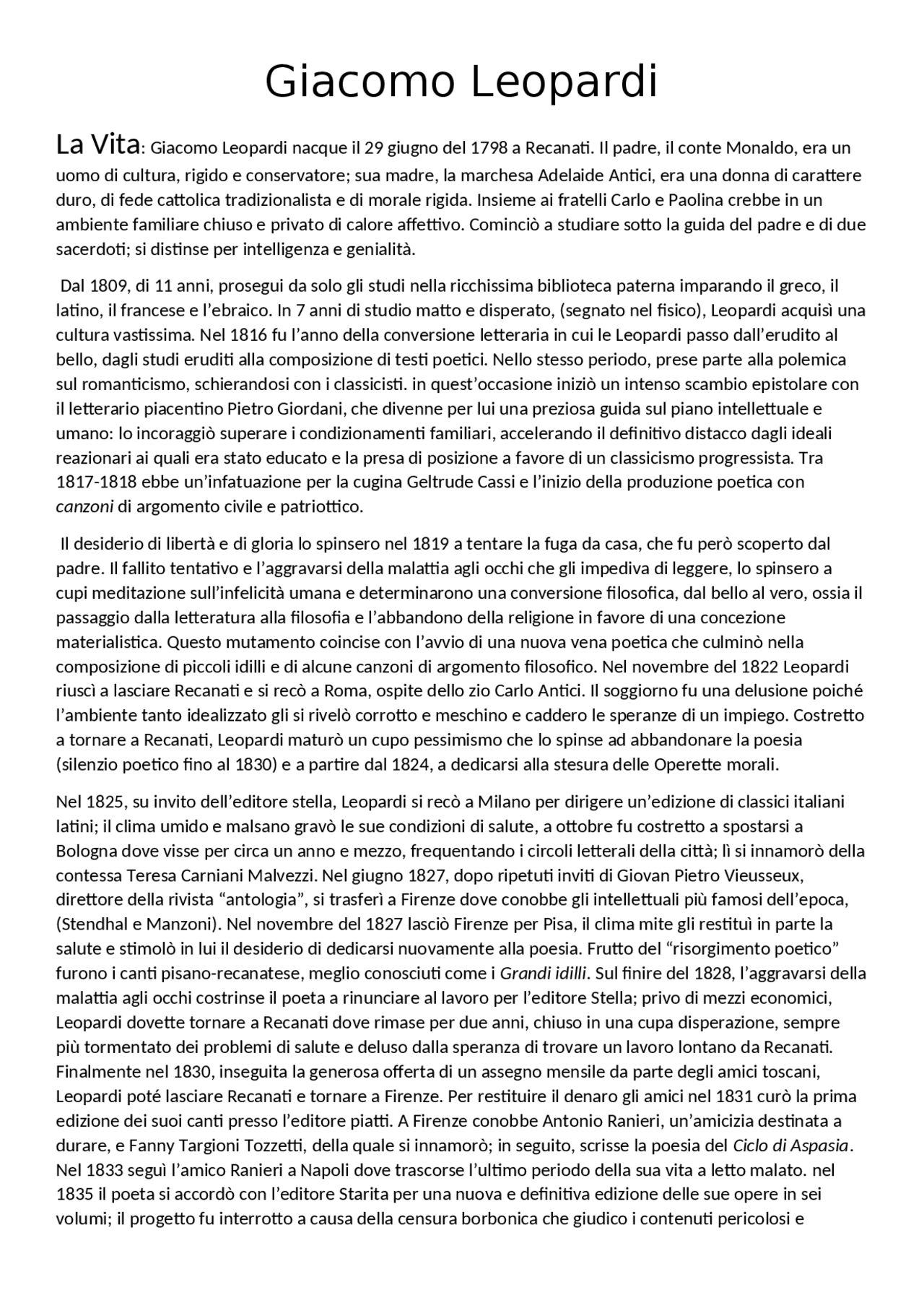Giacomo Leopardi Vita E Opere Docsity