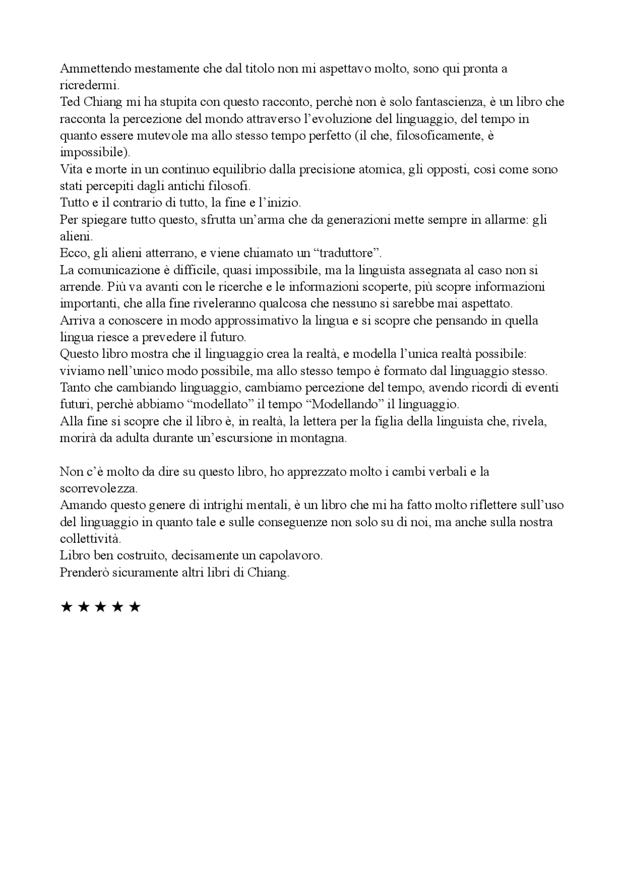 Recensione Del Libro Storie Della Tua Vita Docsity