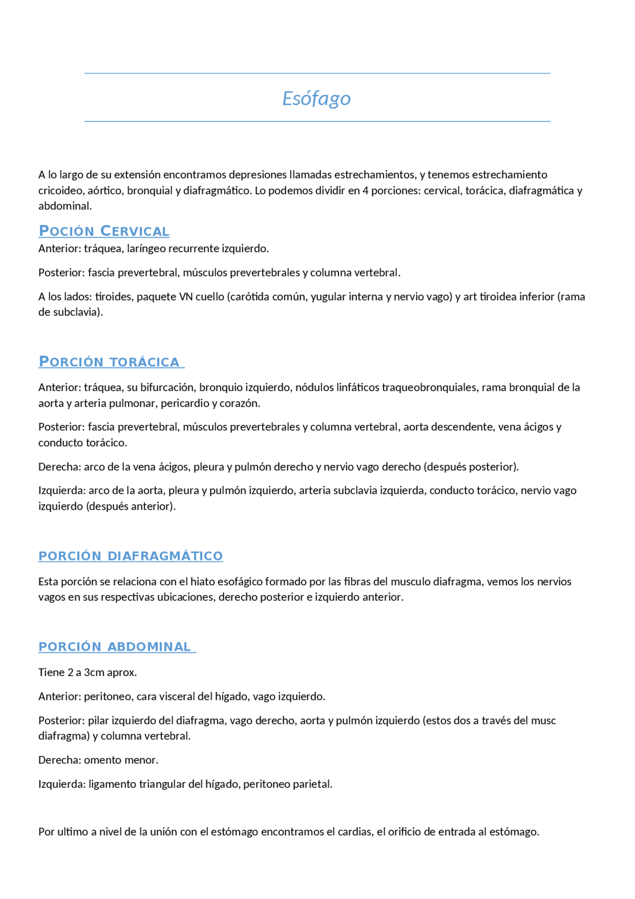 Anatomia del Esofago, corto y bueno - Docsity