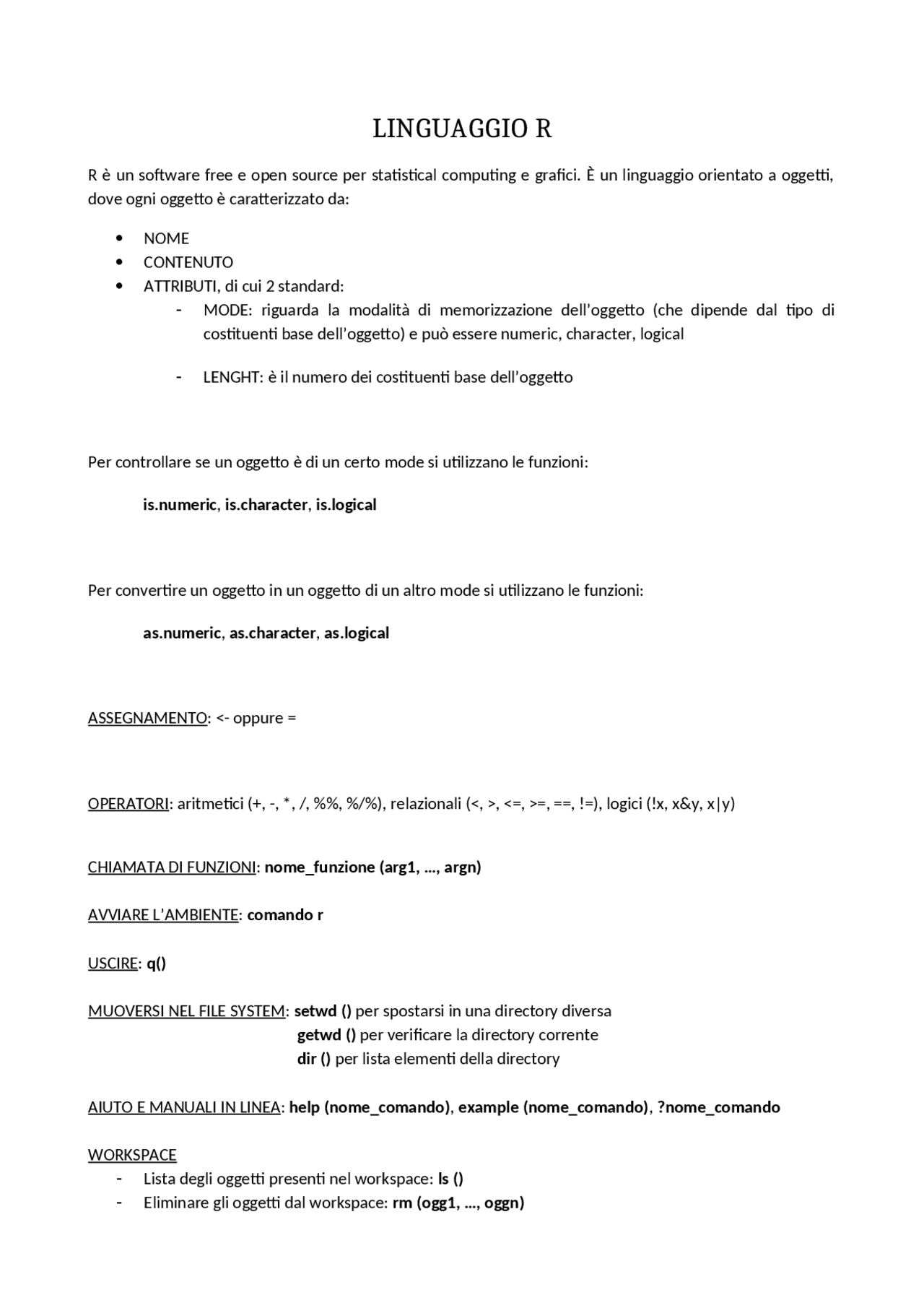 Riassunto Linguaggio R Docsity