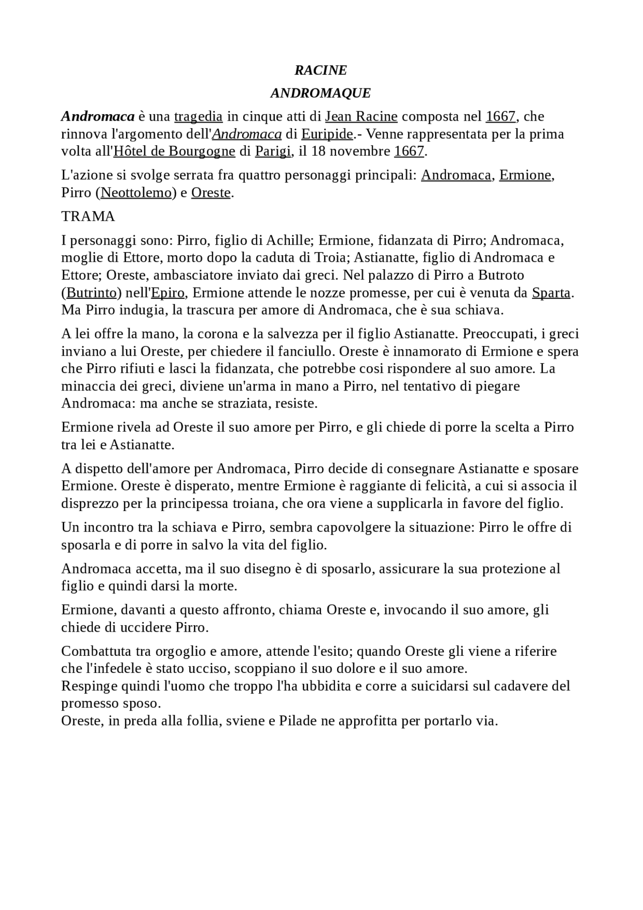 Riassunto Andromaca Racine | Appunti di Letteratura Francese | Docsity