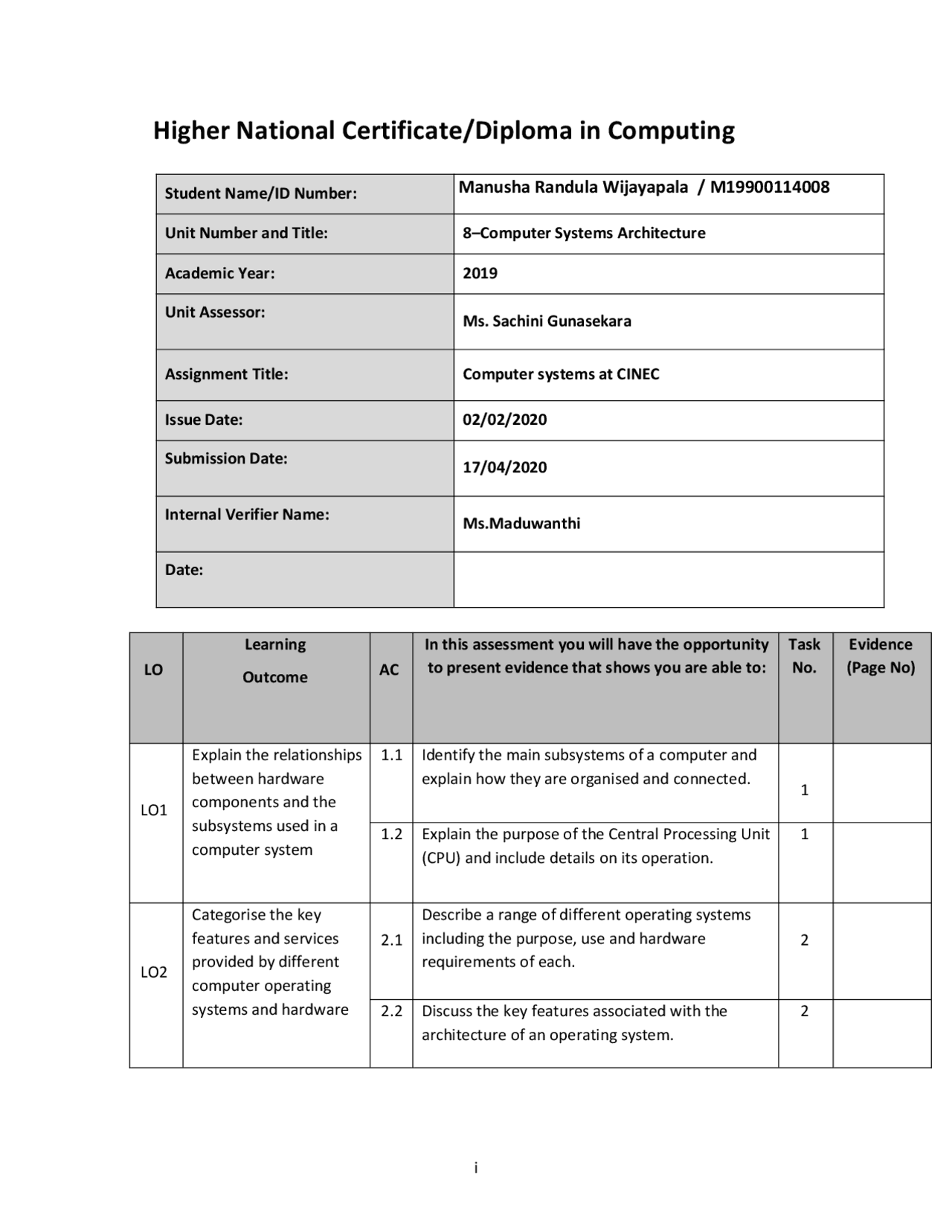 Btec Hnd Computer Architecture Docsity