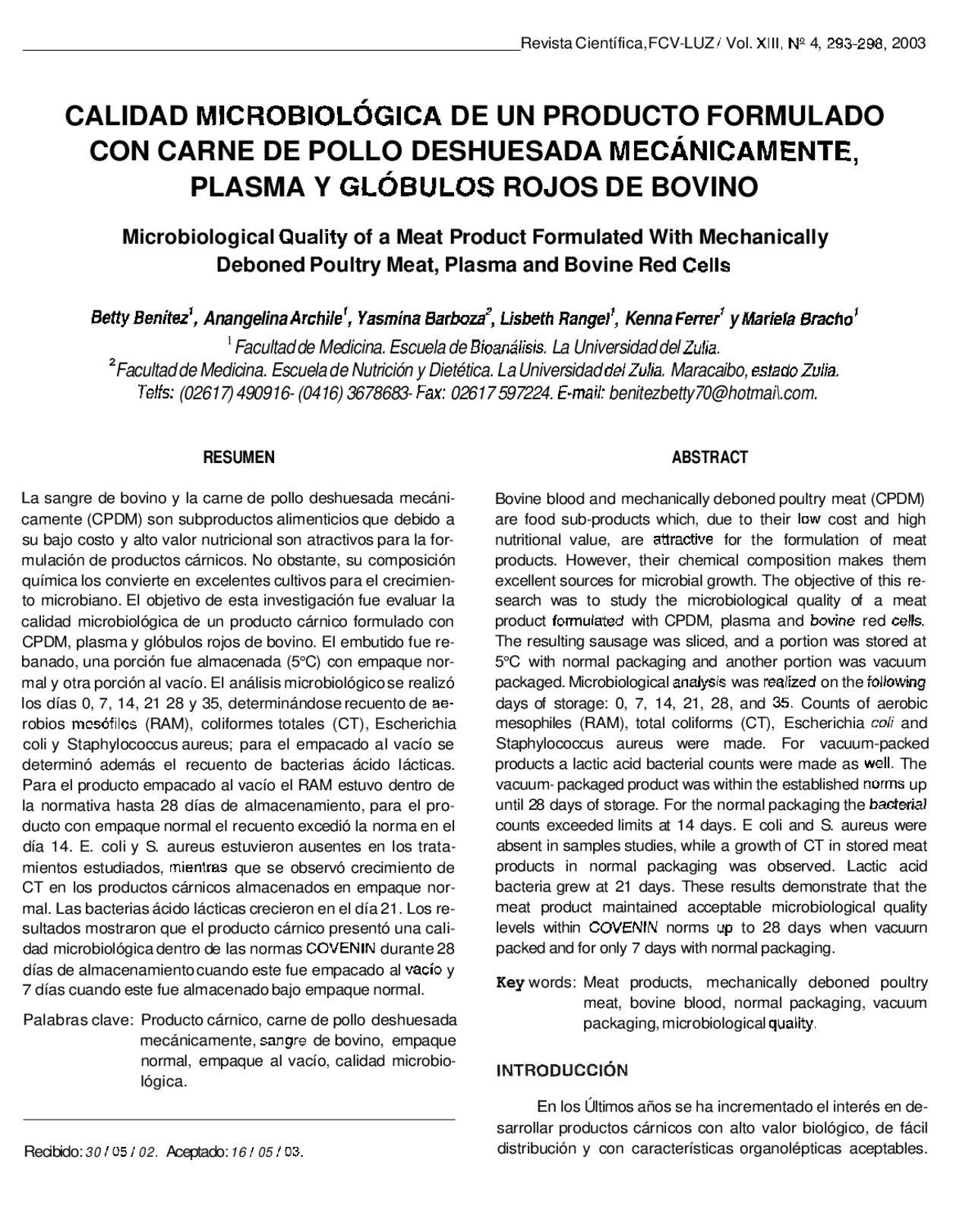 CALIDAD MICROBIOL~GICAD E UN PRODUCTO FORMULADO CON CARNE DE POLLO DESHUESADA MECÁNICAMENTE ...