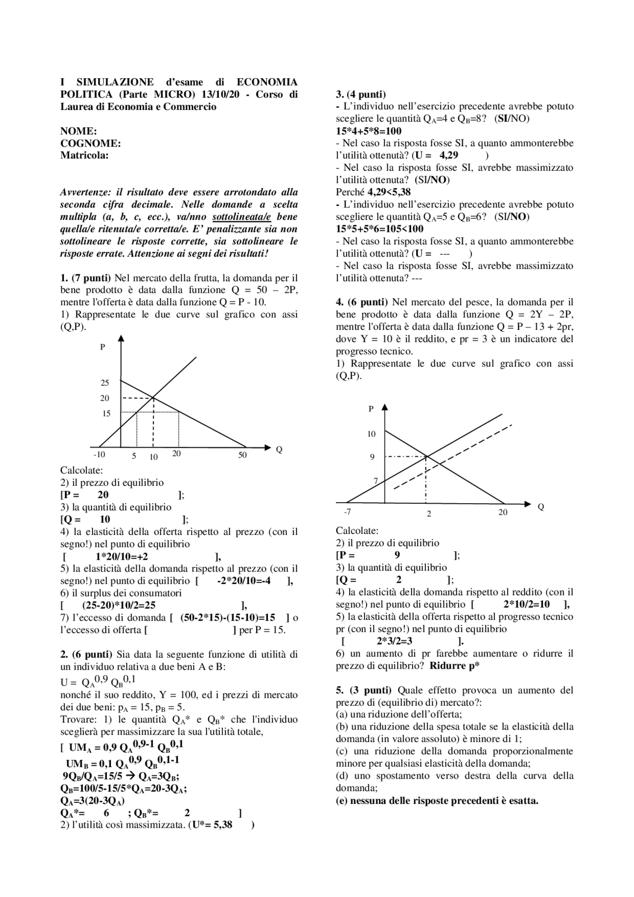 Simulazione Con Risposte Microeconomia Docsity